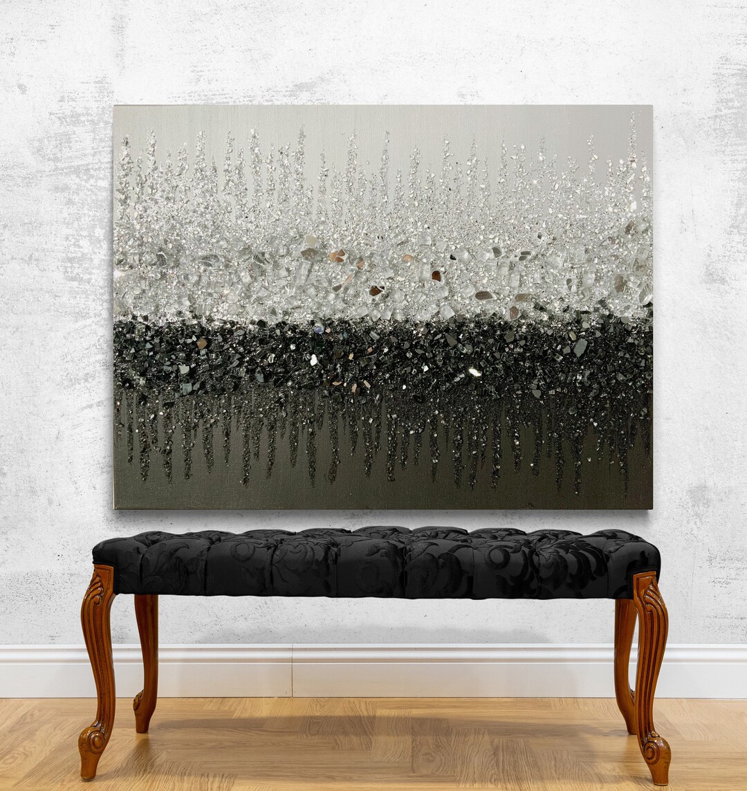 Black and Silver Glass Painting, Silver Glitter Painting, Black Glitter ...