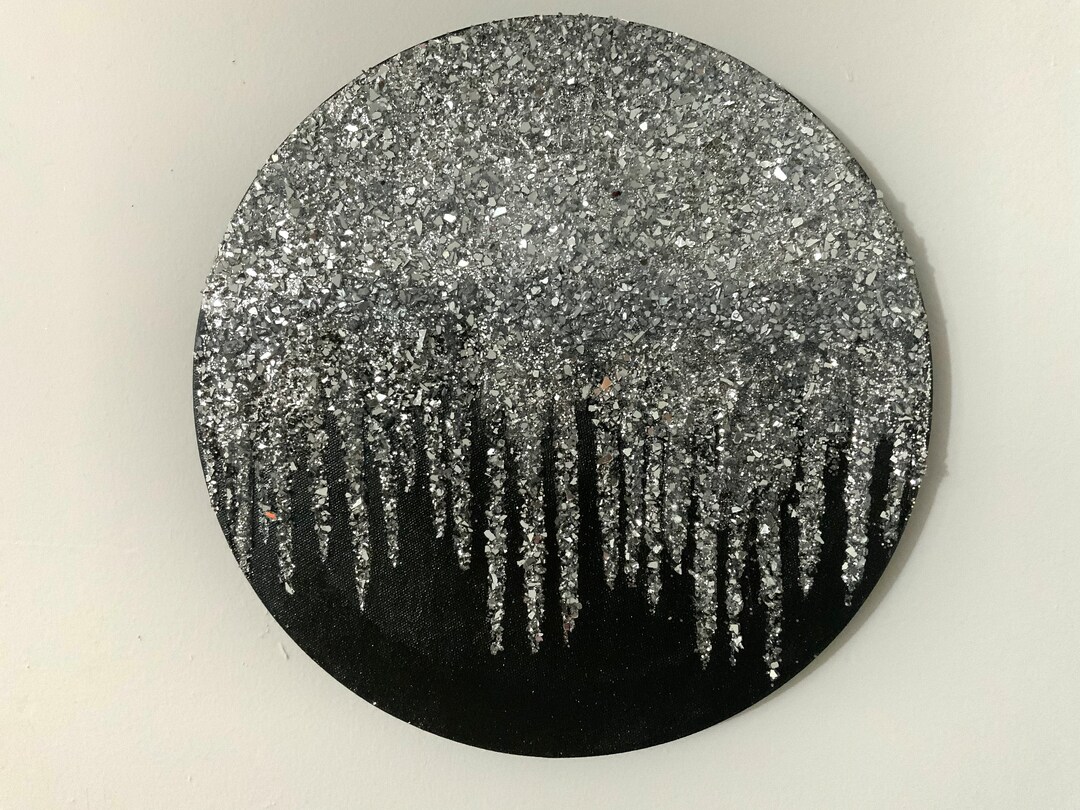 Black and Silver Glitter Glass Painting, Black and Silver Wall Decor ...