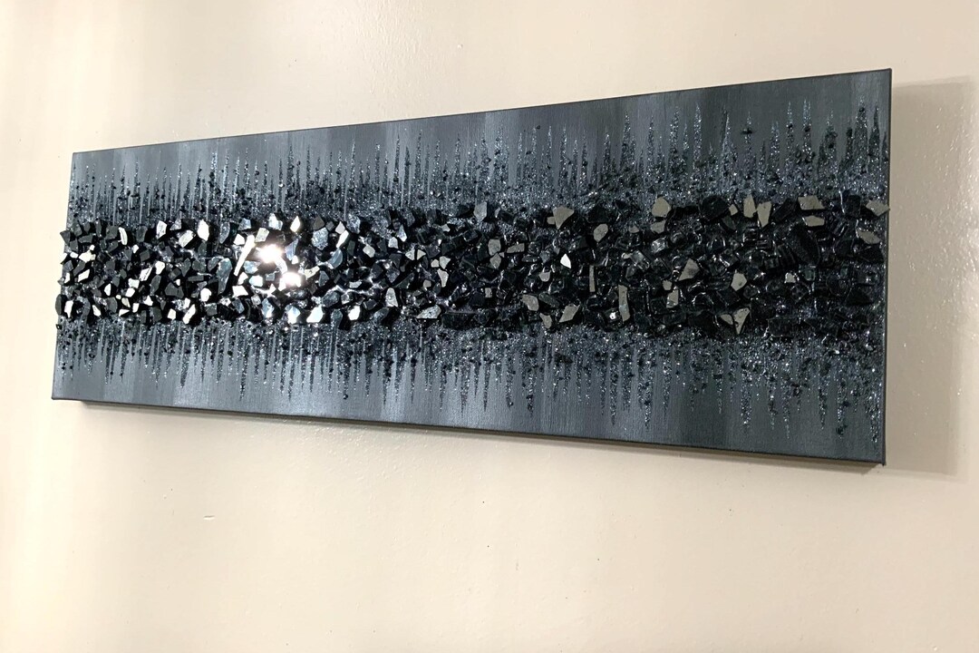 Black and Obsidian Glitter Glass Painting, Black Glass Art, Black Decor ...