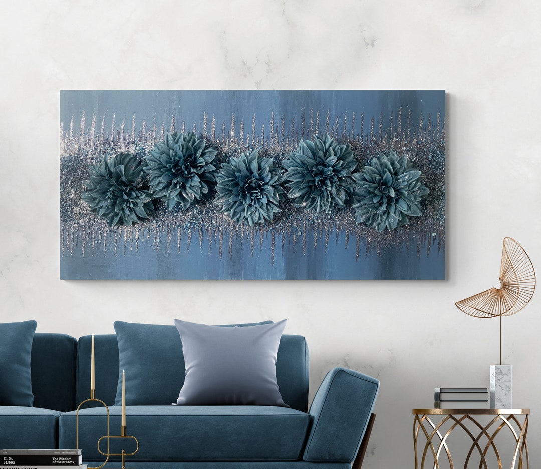 Blue Glitter Glass Painting, Blue Flower Painting, Blue Painting ...