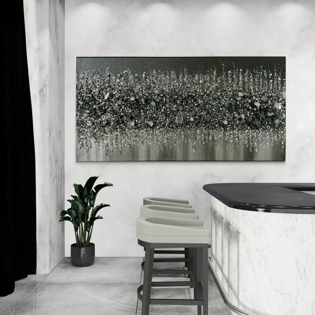 Black and Silver Glitter Glass Painting, Black and Silver Wall Decor ...