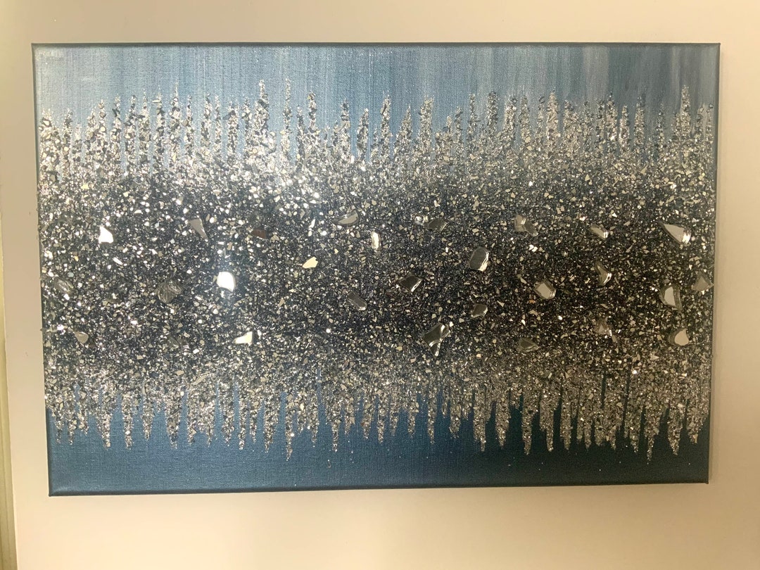 Blue and Silver Glitter Glass Painting, Blue and Silver Glitter ...