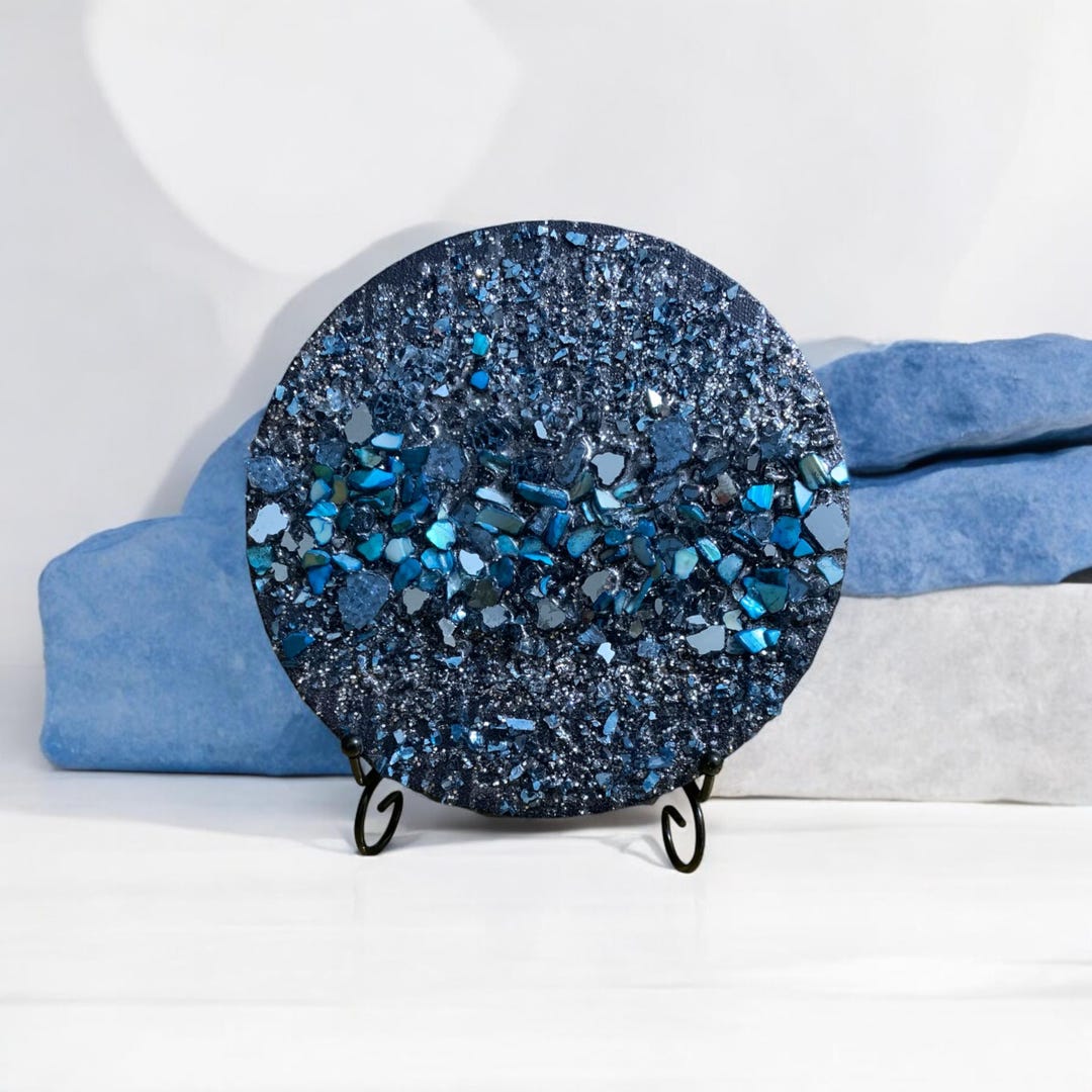6 Inch MINI Blue Glitter Glass Painting, Blue Glitter Glass Painting ...
