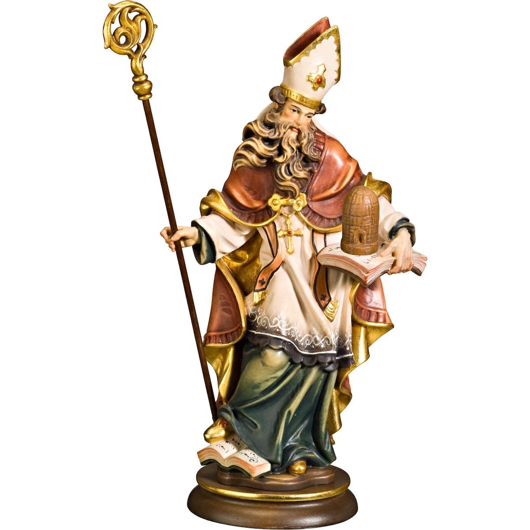 Statue of Saint Ambrose With a Beehive, Carved From Valgardena Wood ...