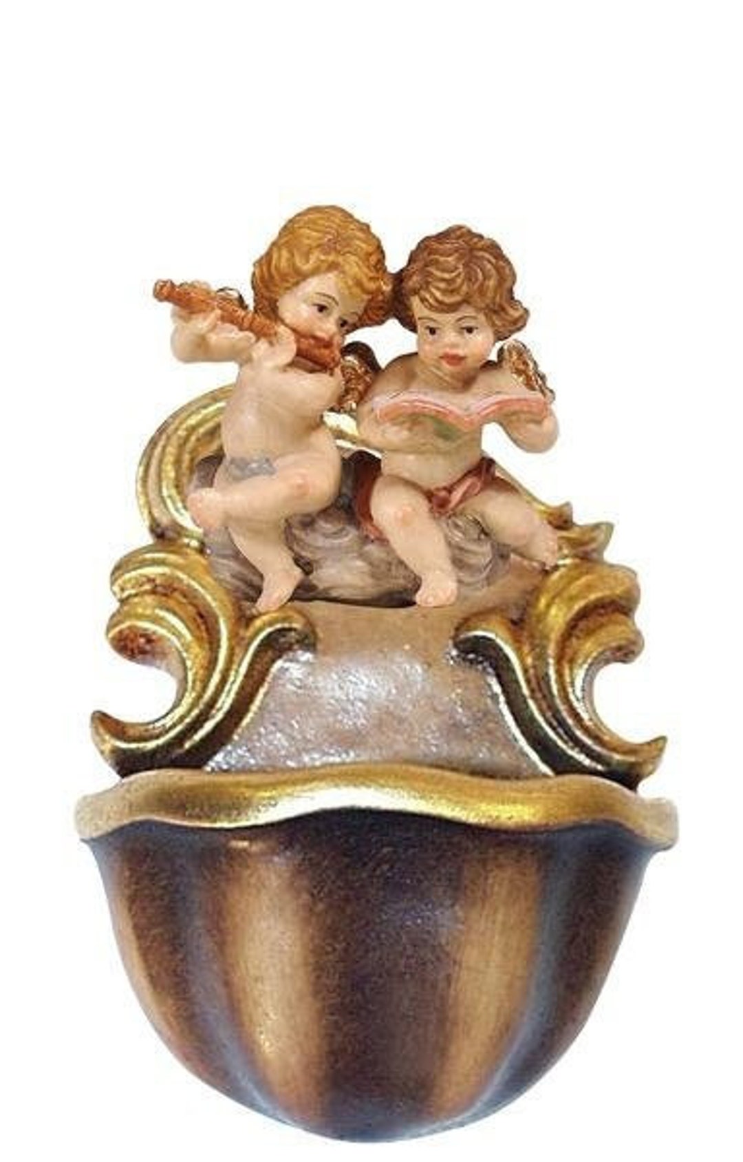 Holy Water Stoup With Pair of Angels, Carved in Valgardena Wood ...