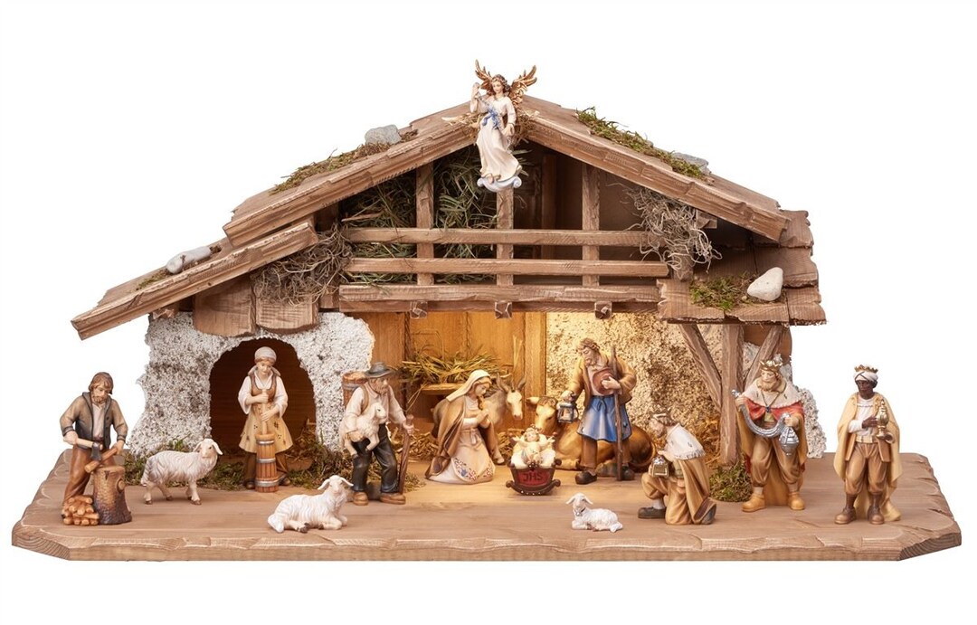 Complete 17-piece Nativity Scene, Hut With Light, Carved in Valgardena ...
