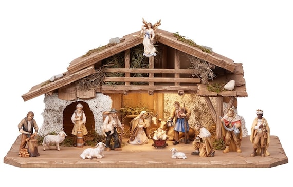 Complete Nativity Scene 17 Pieces Hut With Light Carved in - Etsy Australia