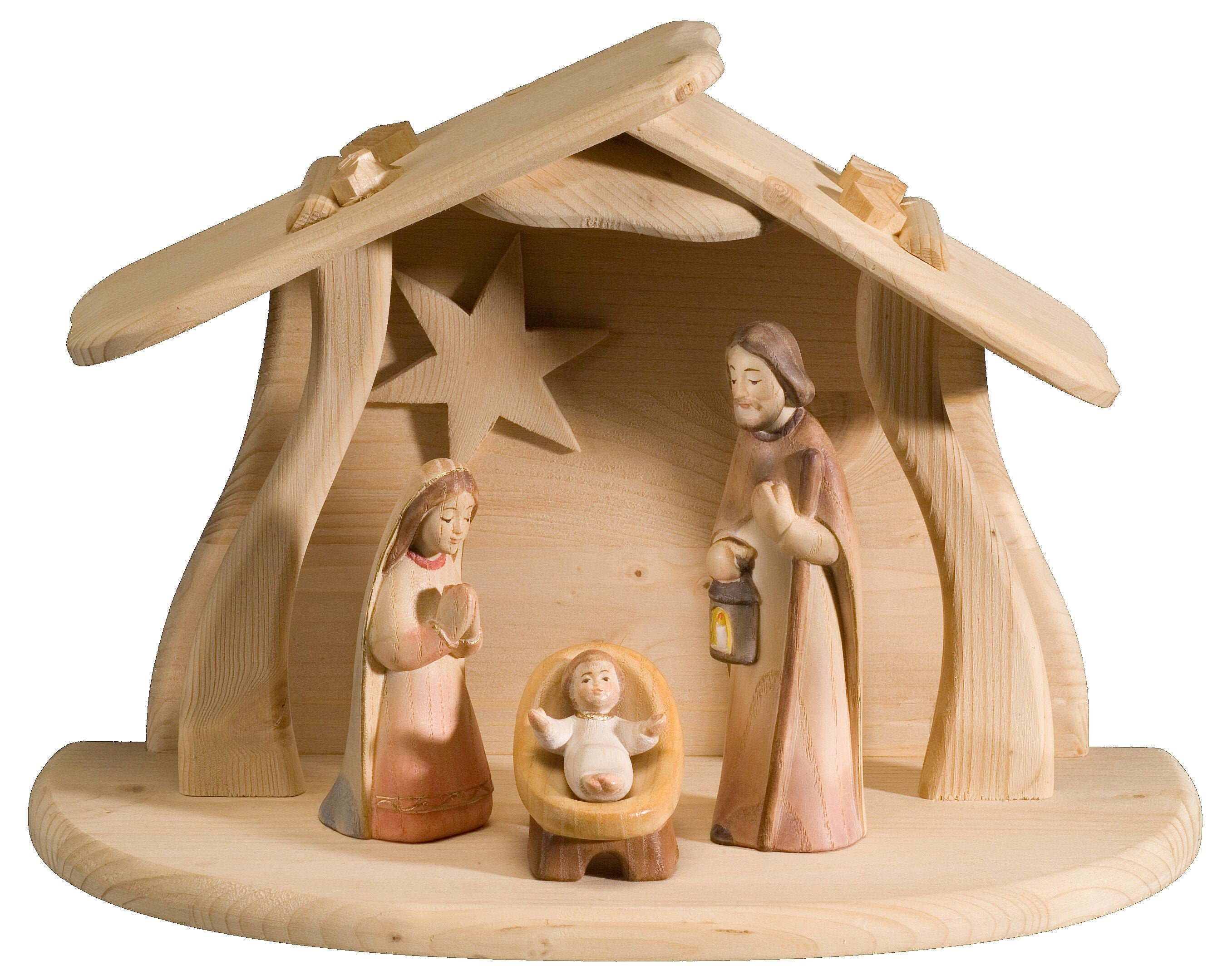 Complete nativity scene family set with hut, carved in hand-decorated ...