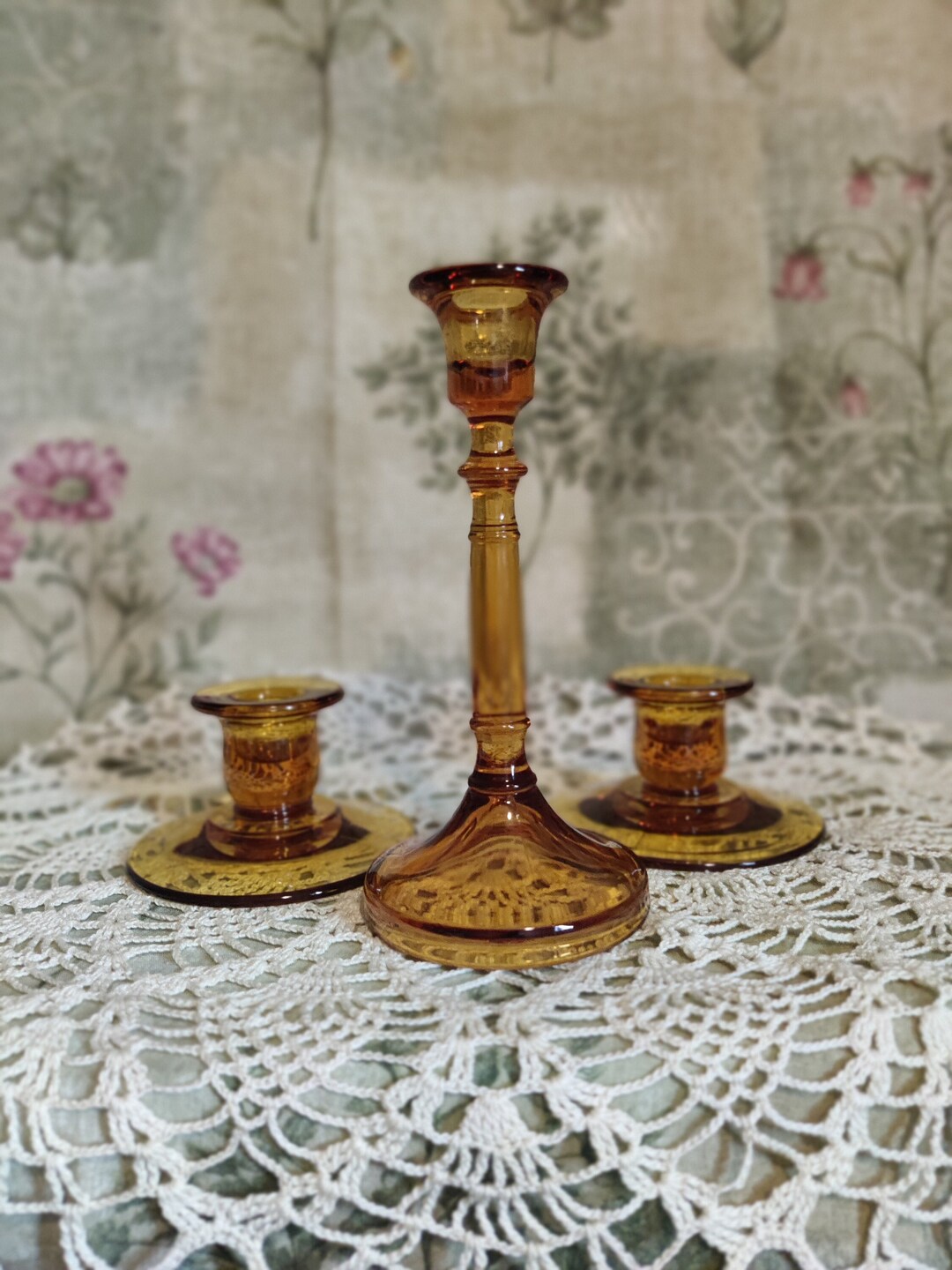 RARE 3 Piece 1920s Set of Cambridge Candlesticks Amber Glass 1 - Etsy
