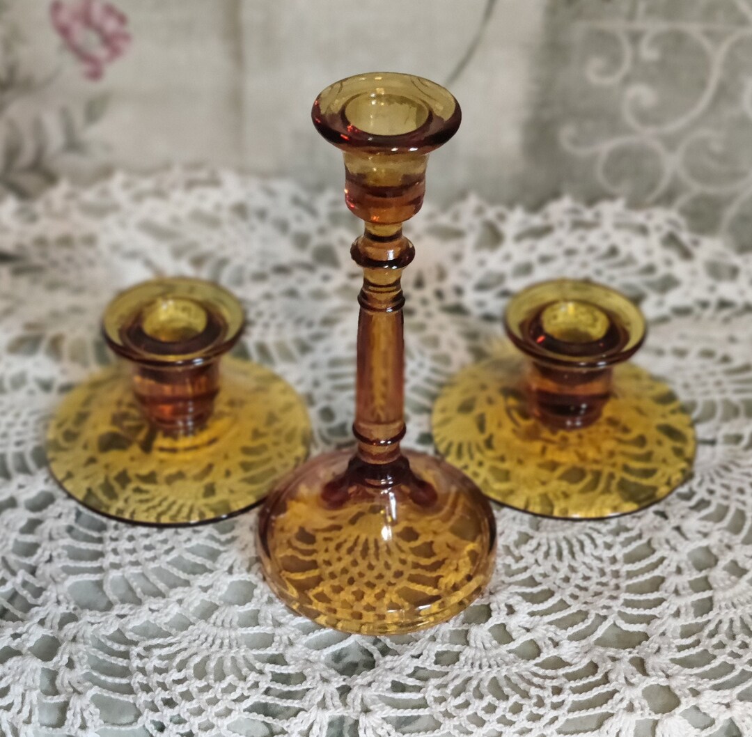 RARE 3 Piece 1920s Set of Cambridge Candlesticks Amber Glass 1 Tall 2 ...