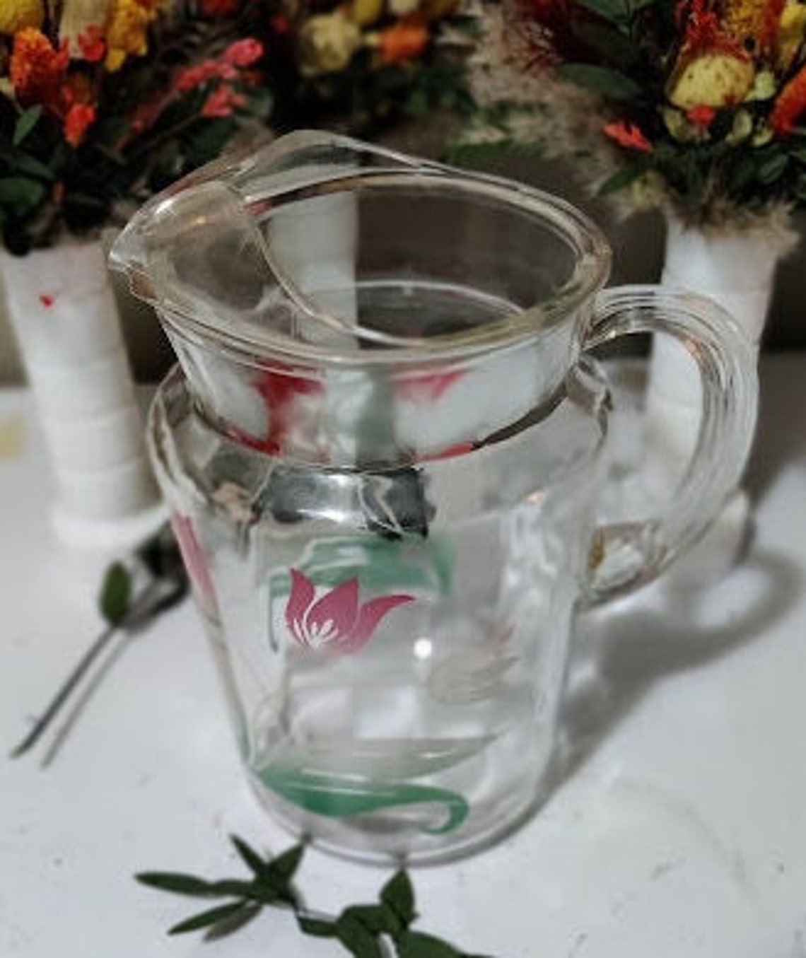 Rare Anchor Hocking Tulip Flower Pattern Pitcher Vintage Clear ...