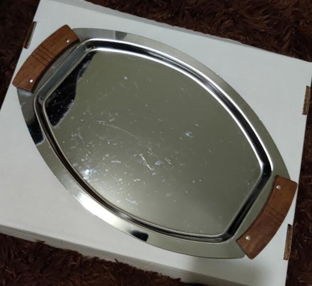 Kromex Chrome Serving Tray With Teak Wooden Handles - Etsy