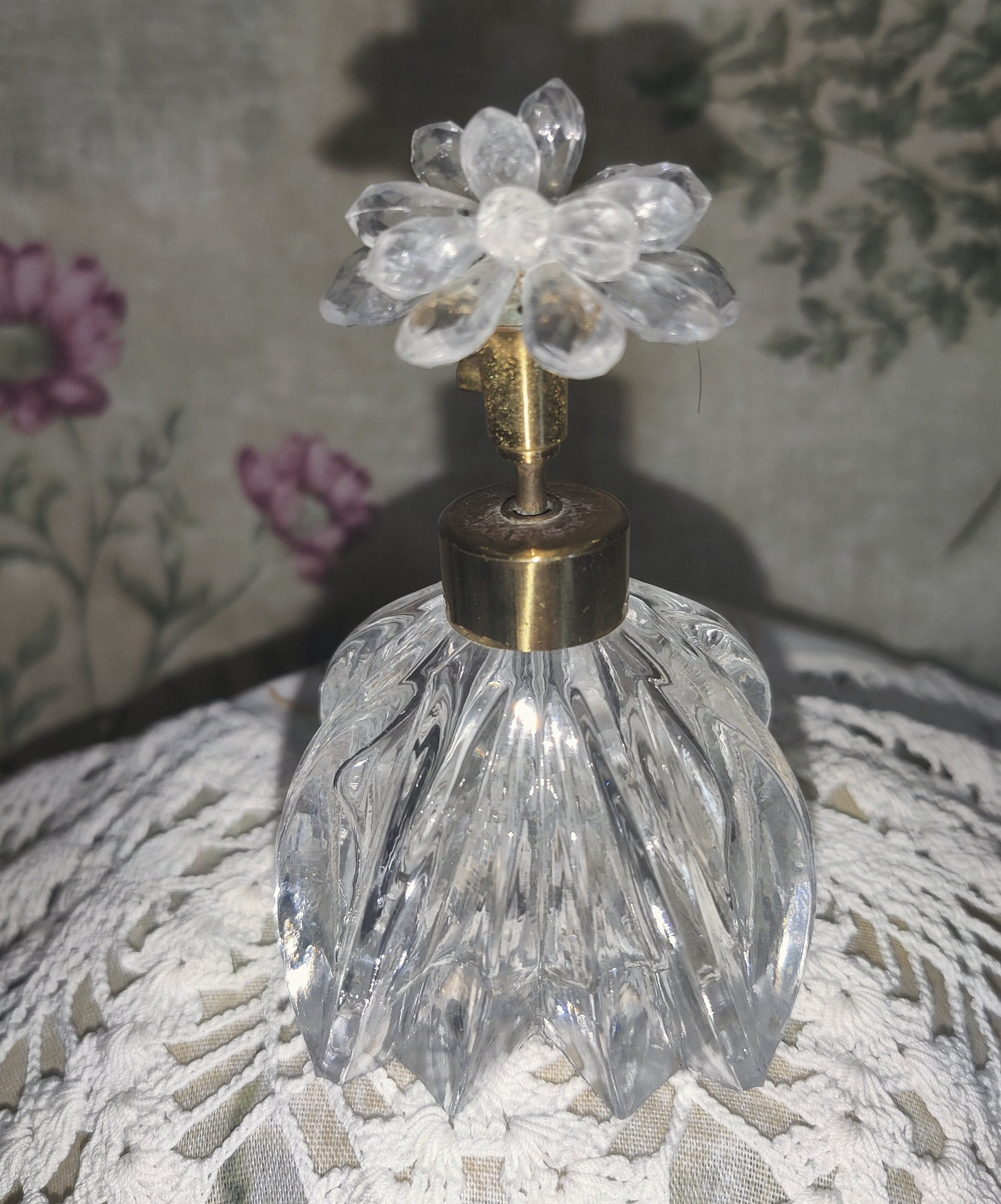 Vintage I.W. Rice Hand Cut Glass Perfume Bottle W/ Flower Beaded Top - Etsy