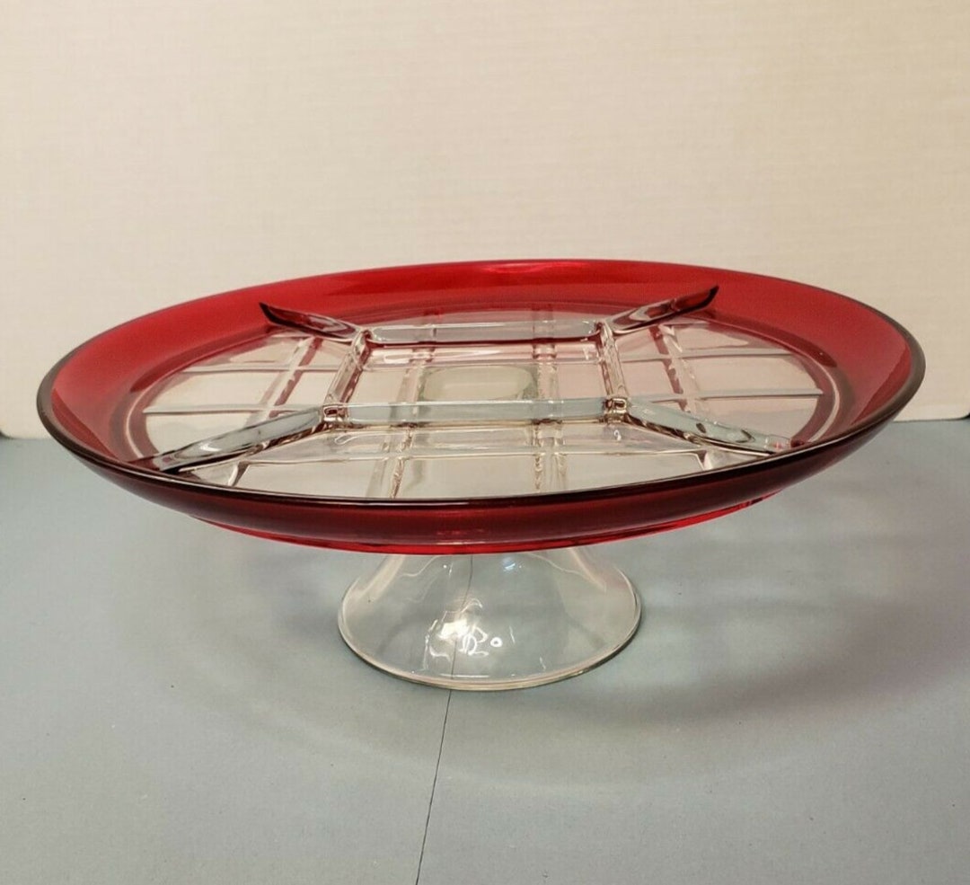 Original Box Indiana Glass Ruby Pedestal Cake Plate Divided Relish ...