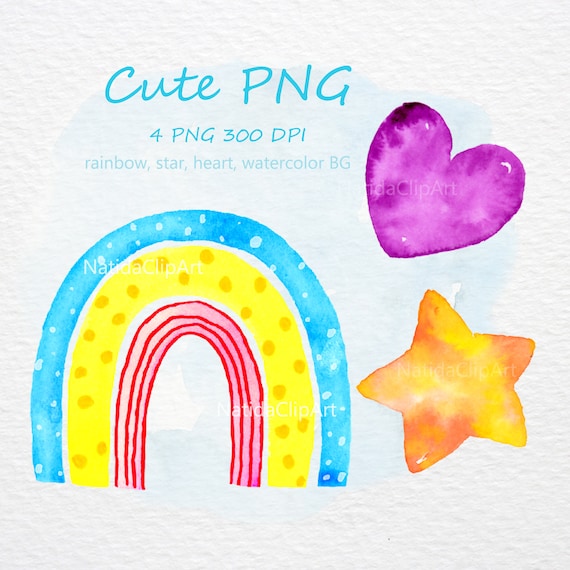 Watercolor Rainbow Heart and Star Clipart With Blue - Etsy