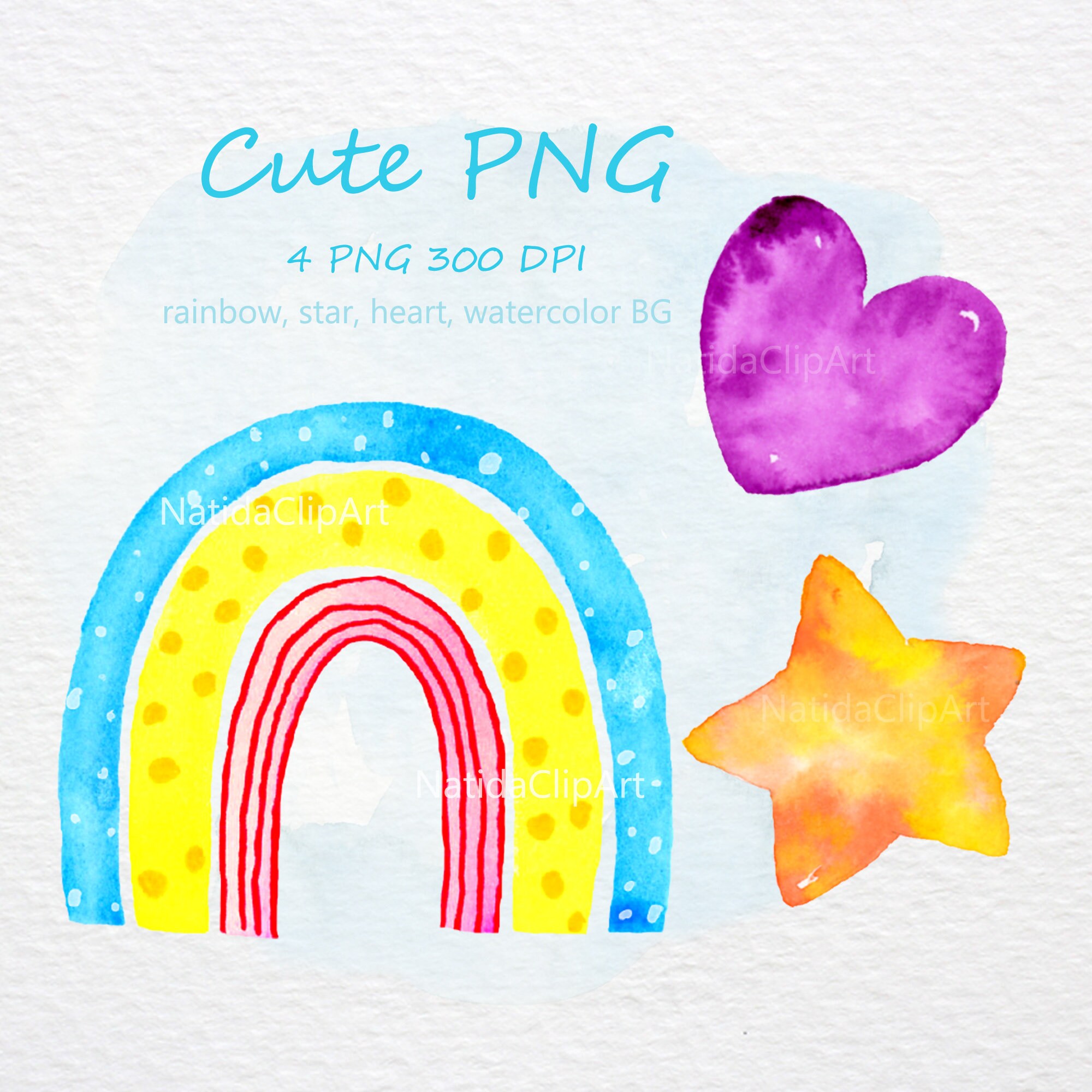 Watercolor Rainbow, Heart and Star Clipart With Blue Watercolor ...