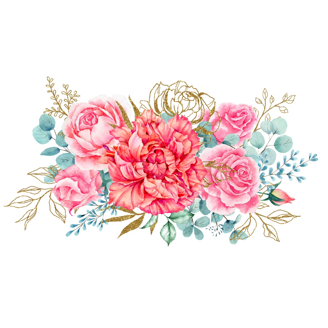 Pink and Gold Floral Clip Art, Peony, Roses Flowers Glitter Digital ...