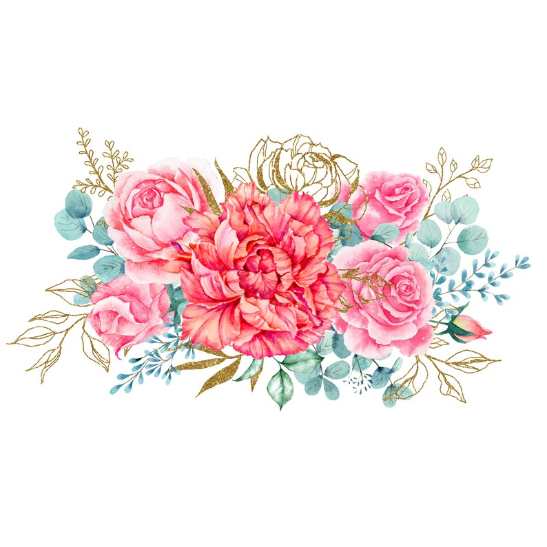 Pink and Gold Floral Clip Art, Peony, Roses Flowers Glitter Digital ...