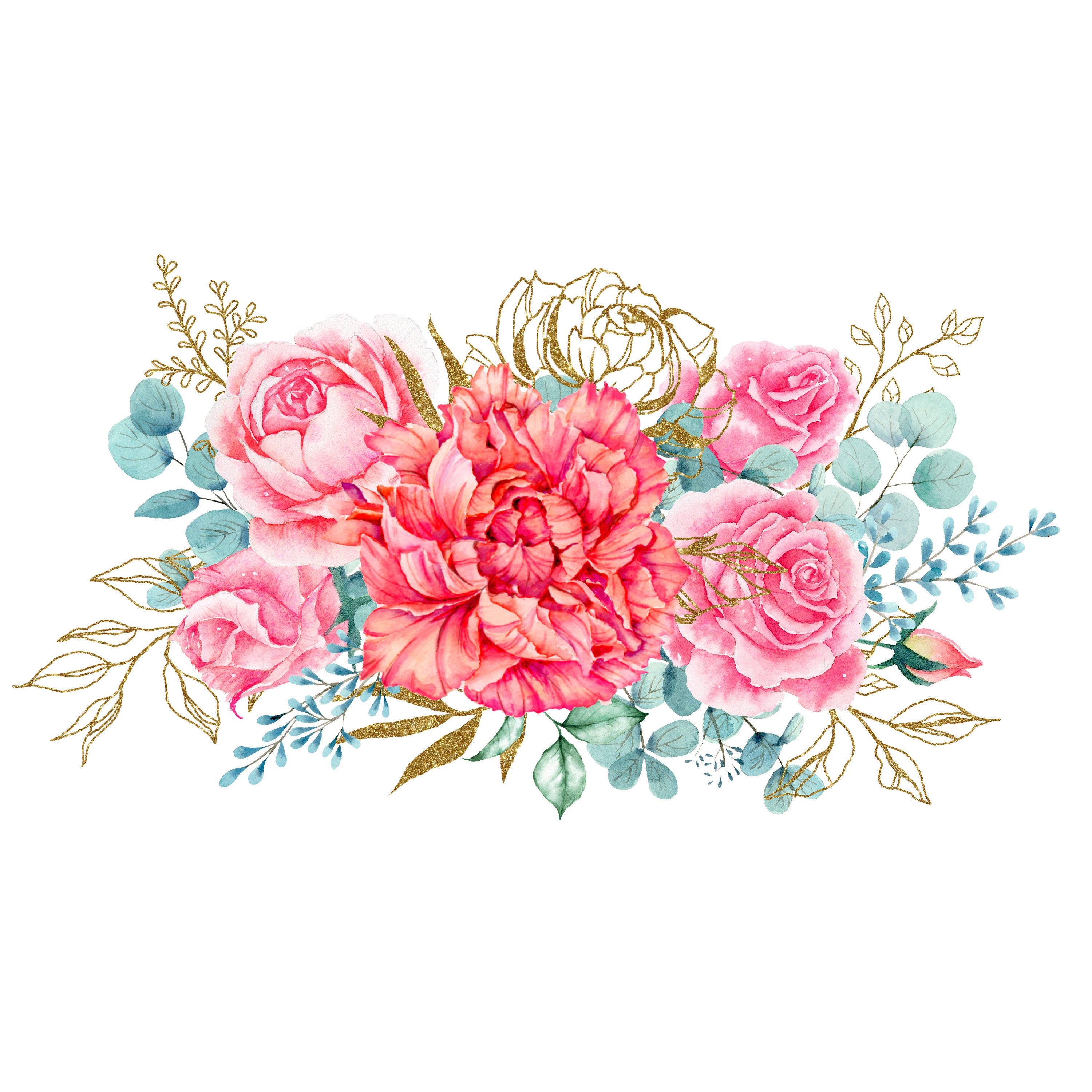 Pink and Gold Floral Clip Art, Peony, Roses Flowers Glitter Digital ...