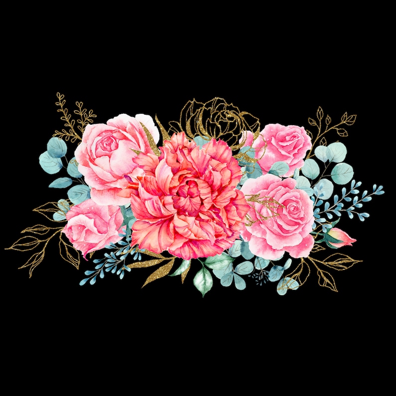 Pink and Gold Floral Clip Art, Peony, Roses Flowers Glitter Digital ...