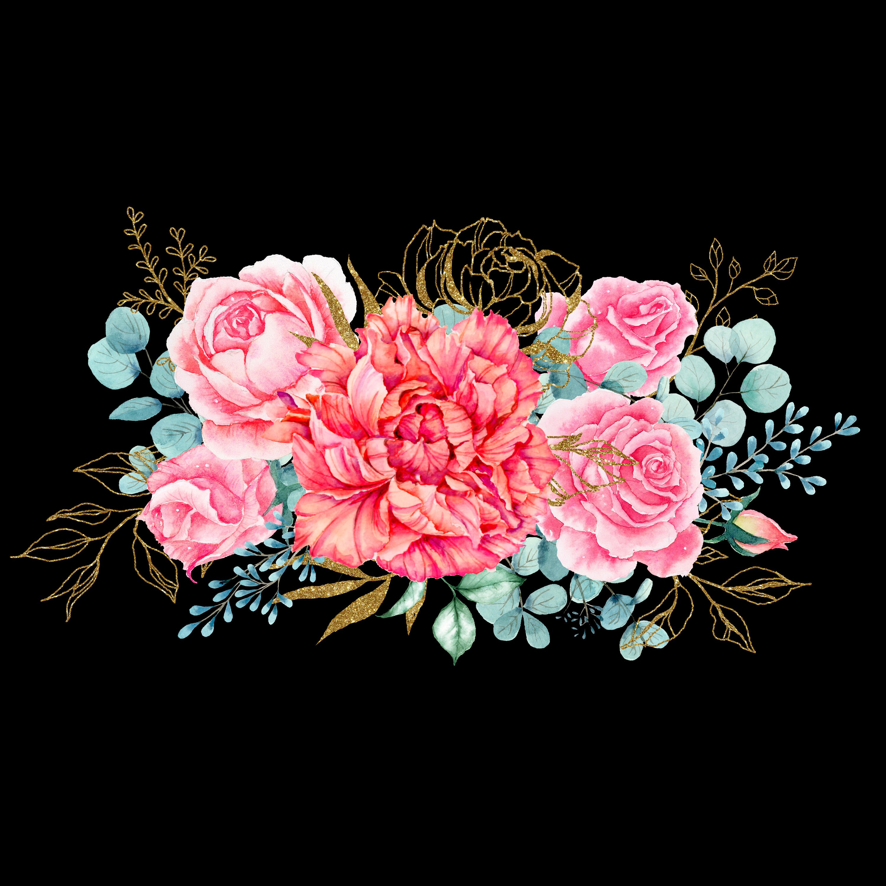 Pink and Gold Floral Clip Art, Peony, Roses Flowers Glitter Digital ...