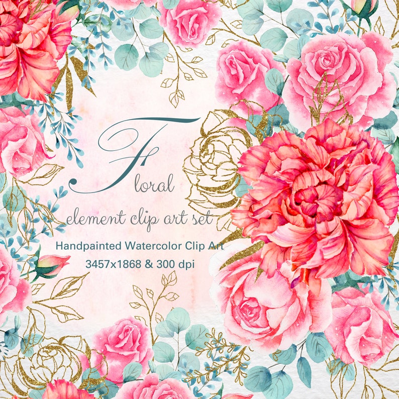 Pink and Gold Floral Clip Art, Peony, Roses Flowers Glitter Digital ...