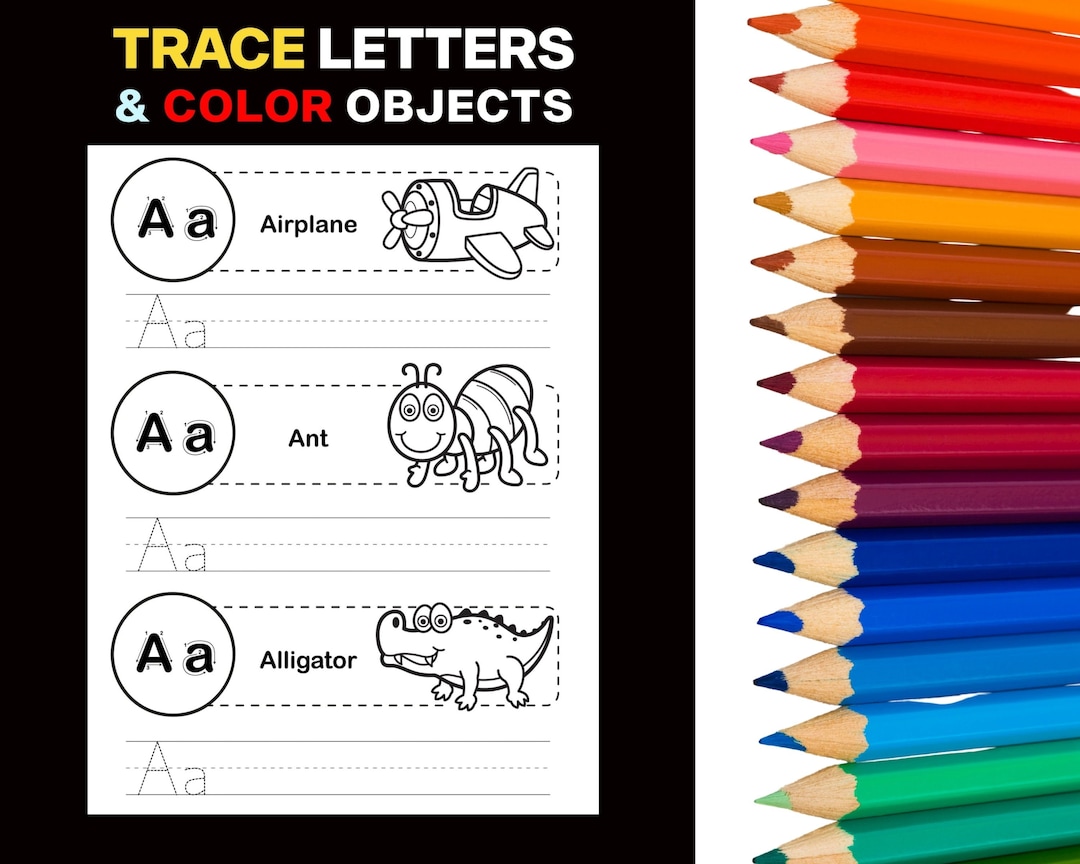 Printable Trace Letters & Color Objects Learning Pages, Kids Coloring ...