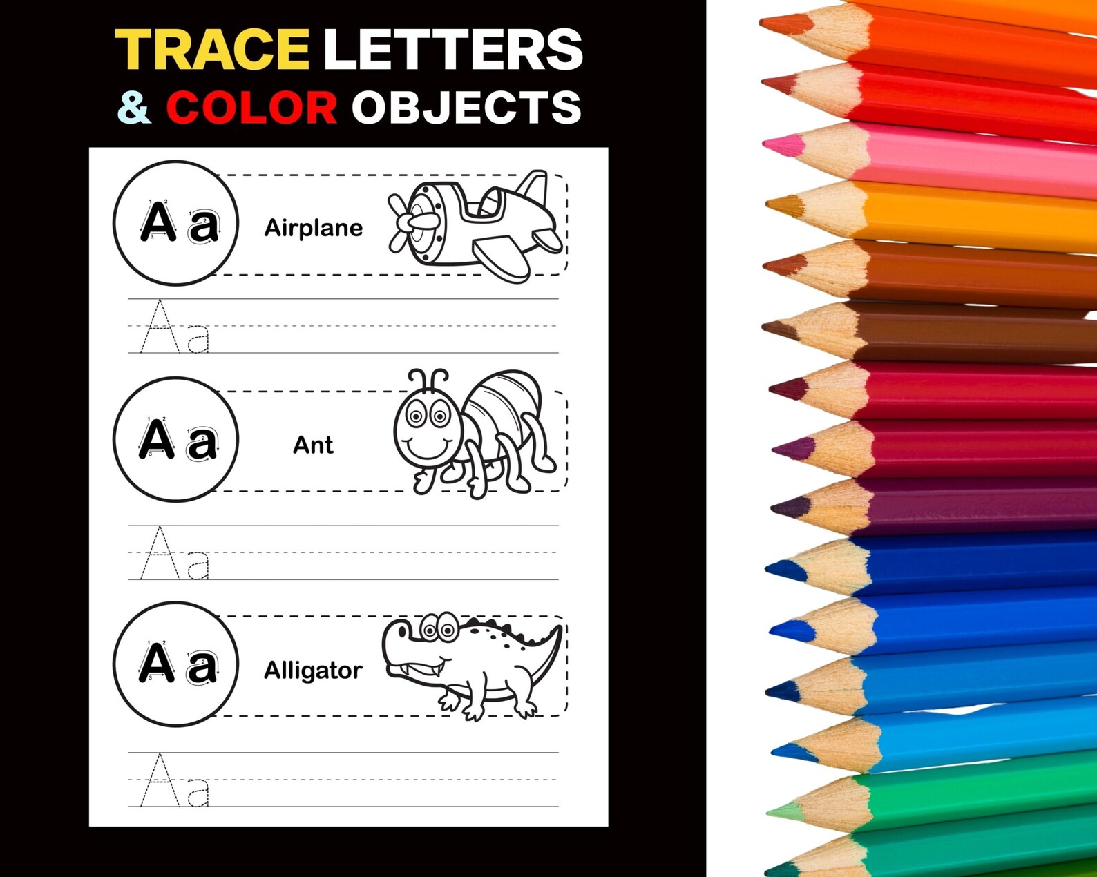 Printable Trace Letters & Color Objects Learning Pages Kids - Etsy