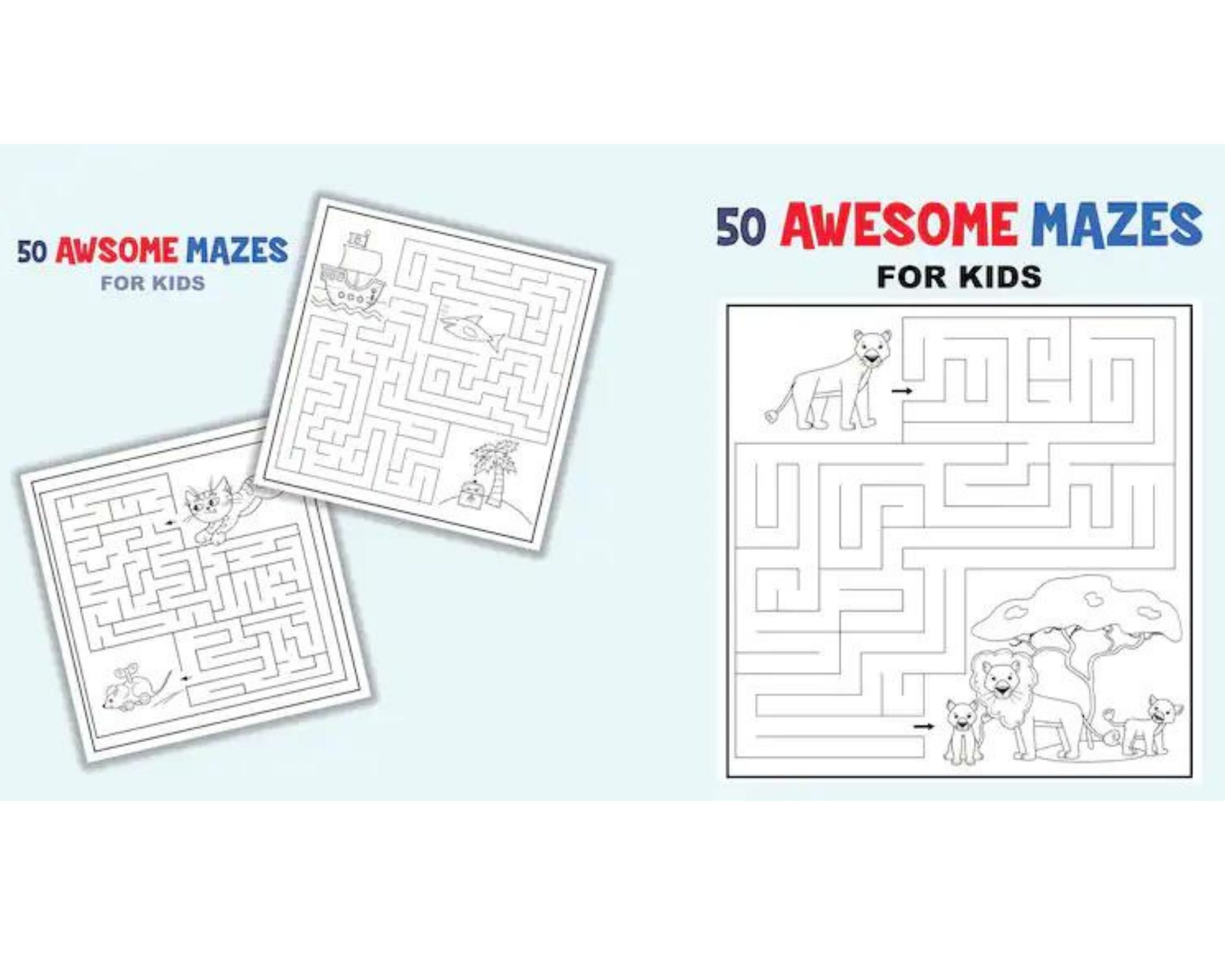 Kids Maze Game Printable, 50 Sheet Children's Activity Pack, Maze Book ...