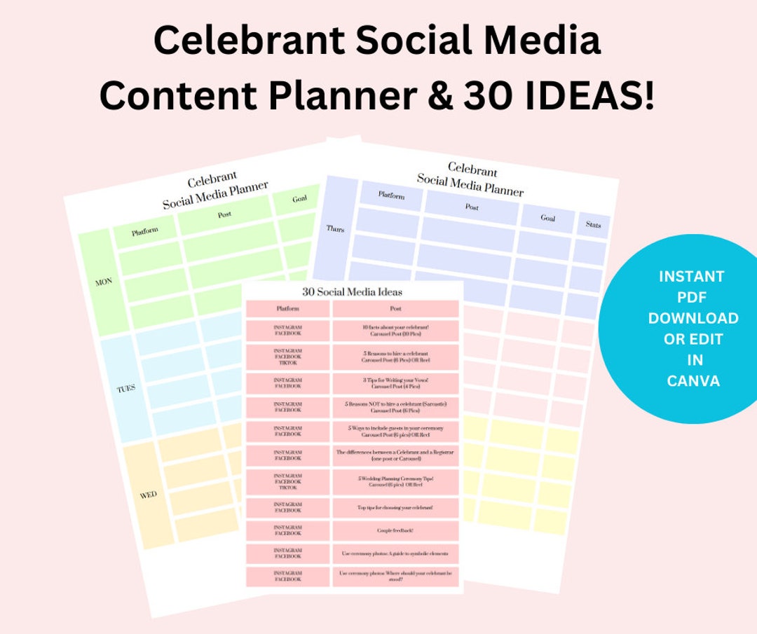 Celebrant Social Media Weekly Planner With 30 Social Media Content ...