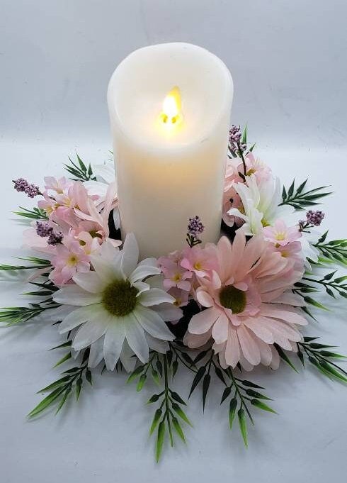 Candle Ring Floral Centerpiece Pastel Pink and White Daisies Home Party ...