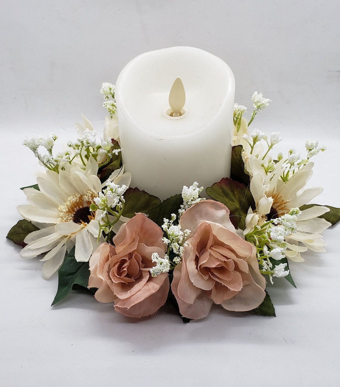 Candle Ring Floral Centerpiece Cream Daisy and Pink Rose Candle Ring or ...