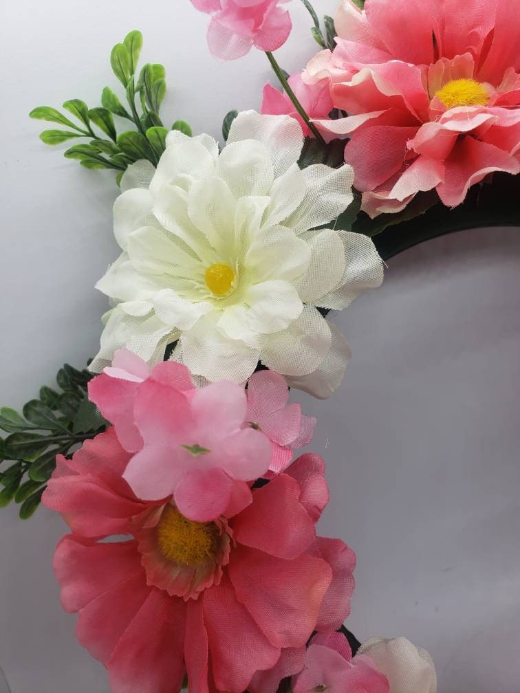 13" Floral Wreath, Pink and White Aster and Zinnias - Etsy