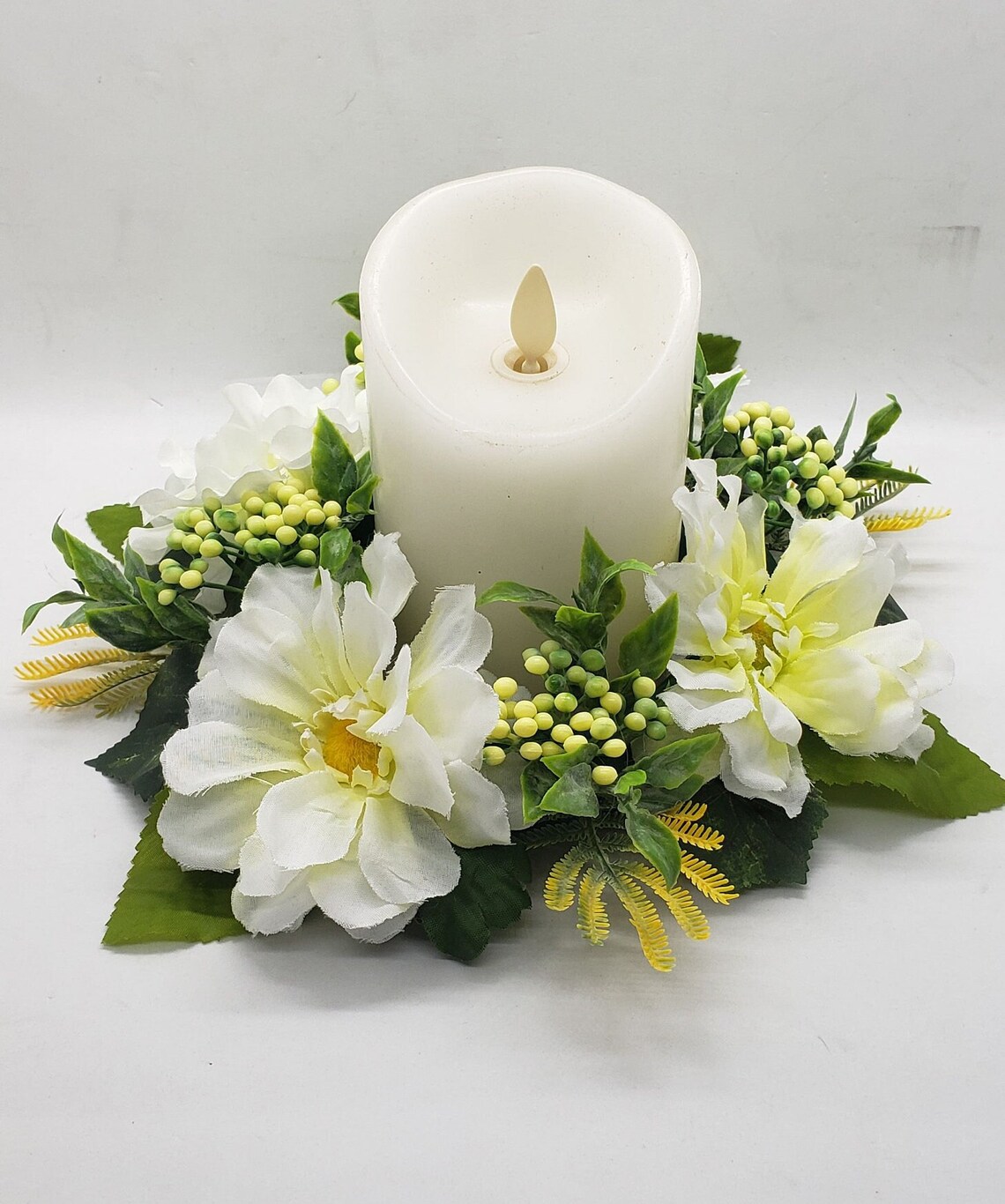 Candle Ring Floral Centerpiece White Mums and Seed Flower Candle Ring ...