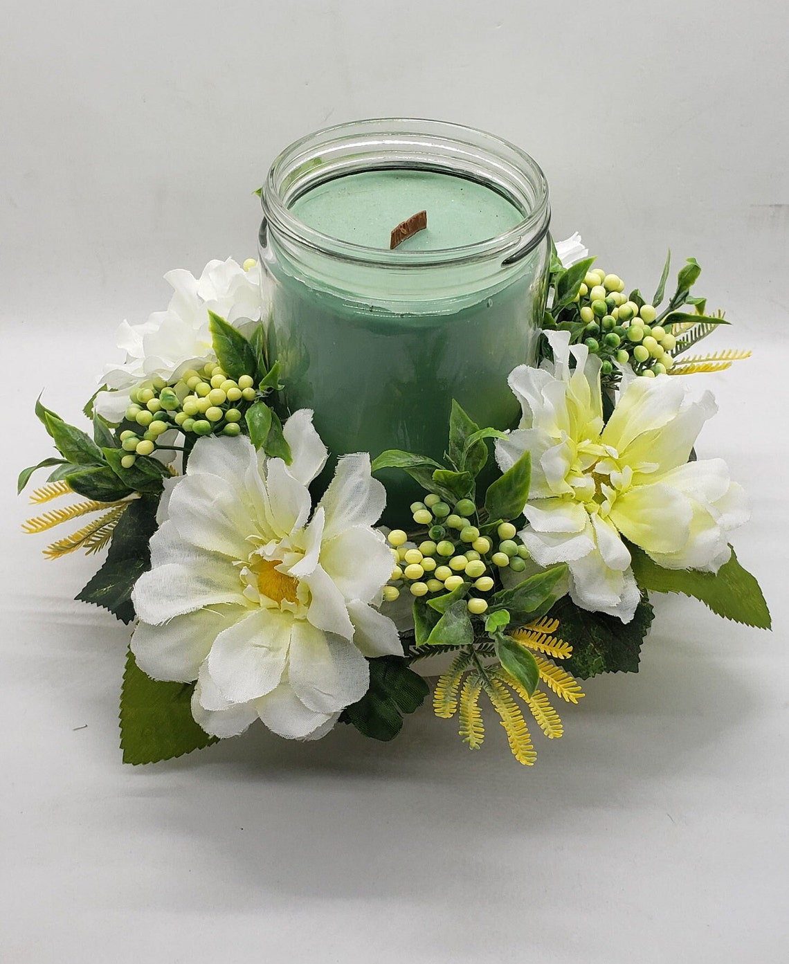 Candle Ring Floral Centerpiece White Mums and Seed Flower Candle Ring ...