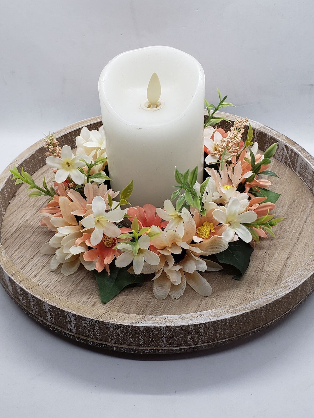Candle Ring Floral Centerpiece Peach and White Daisy Candle Ring or ...