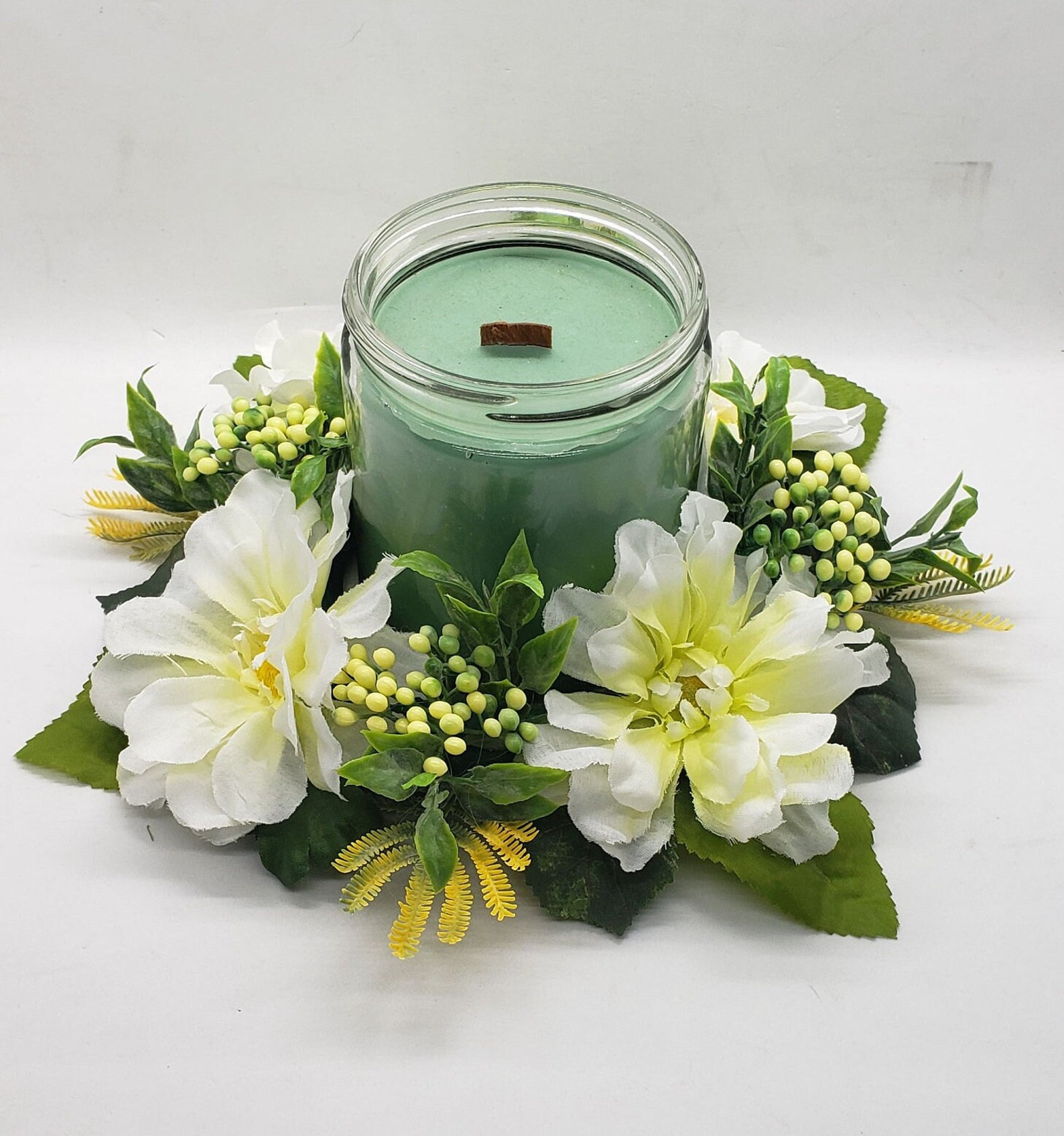 Candle Ring Floral Centerpiece White Mums and Seed Flower Candle Ring ...
