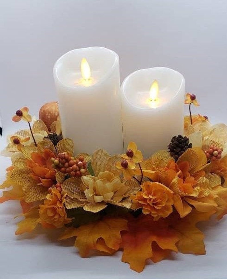 Floral Arrangement Fall Candle Ring Home Decor Mini Wreath Candleholder ...
