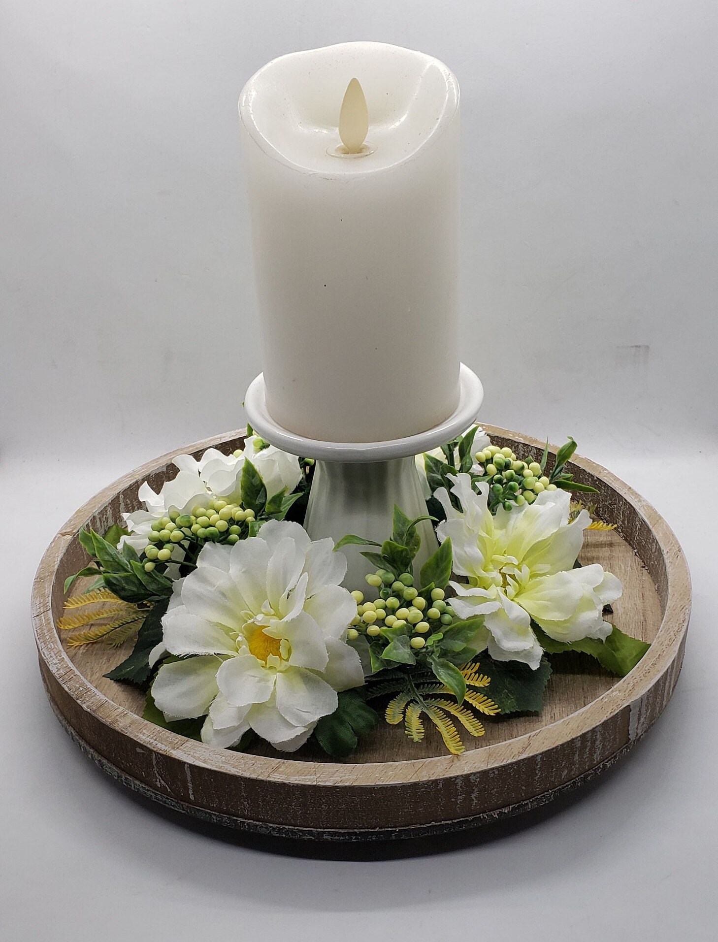 Candle Ring Floral Centerpiece White Mums and Seed Flower Candle Ring ...