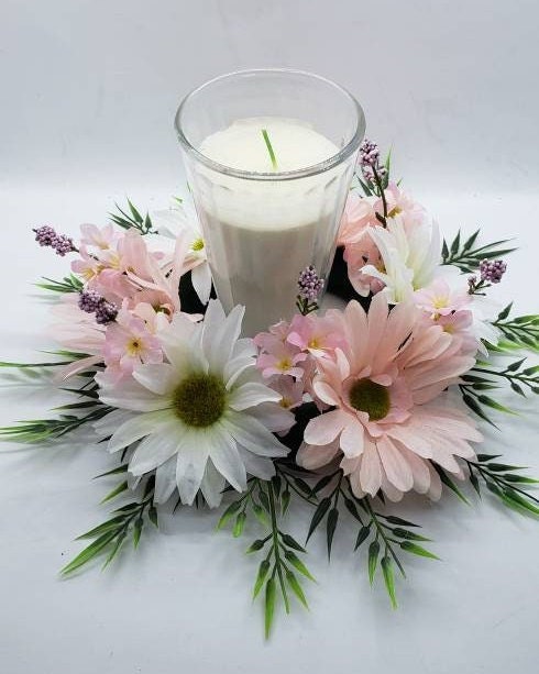 Candle Ring Floral Centerpiece Pastel Pink and White Daisies Home Party ...