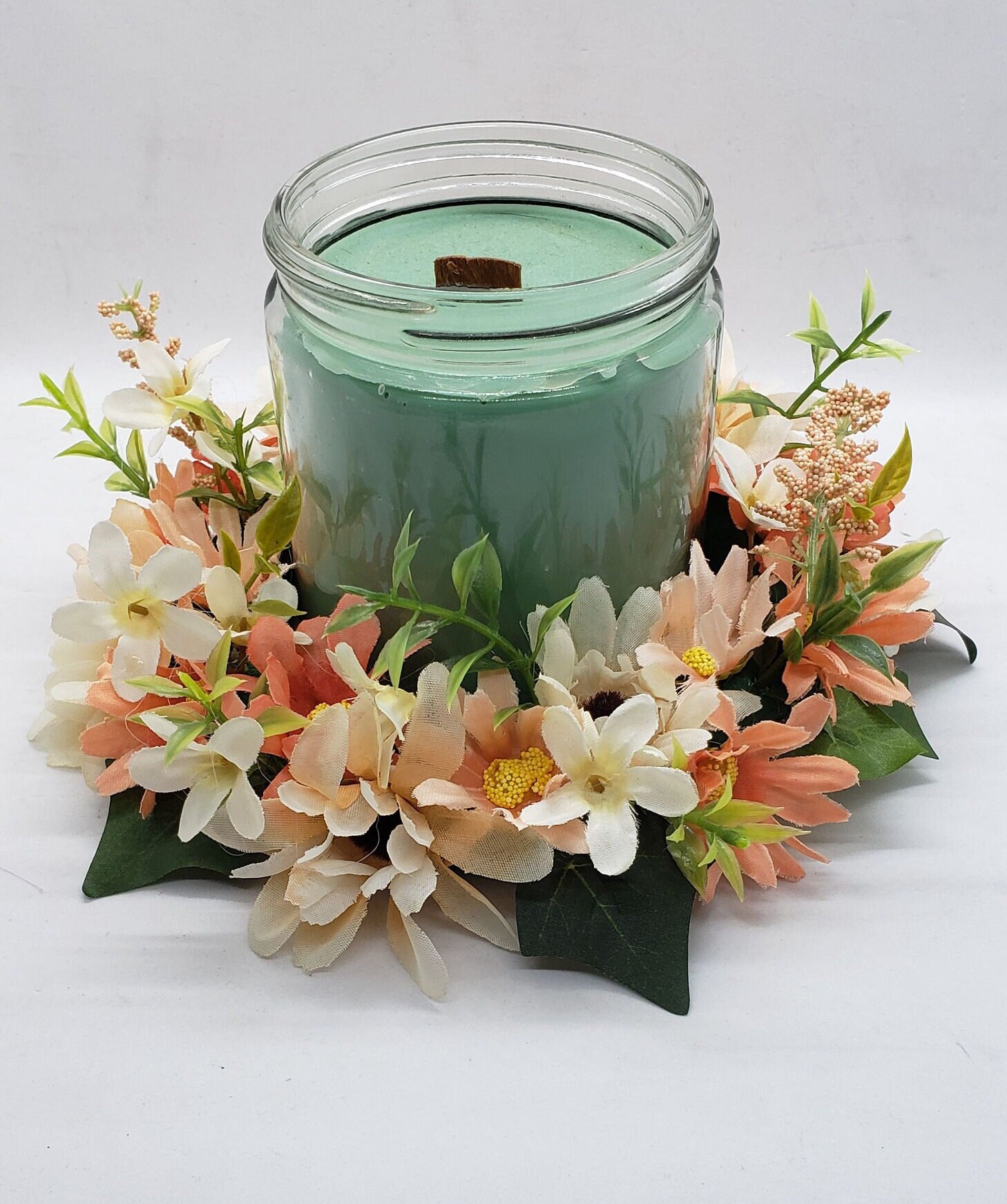 Candle Ring Floral Centerpiece Peach and White Daisy Candle Ring or ...