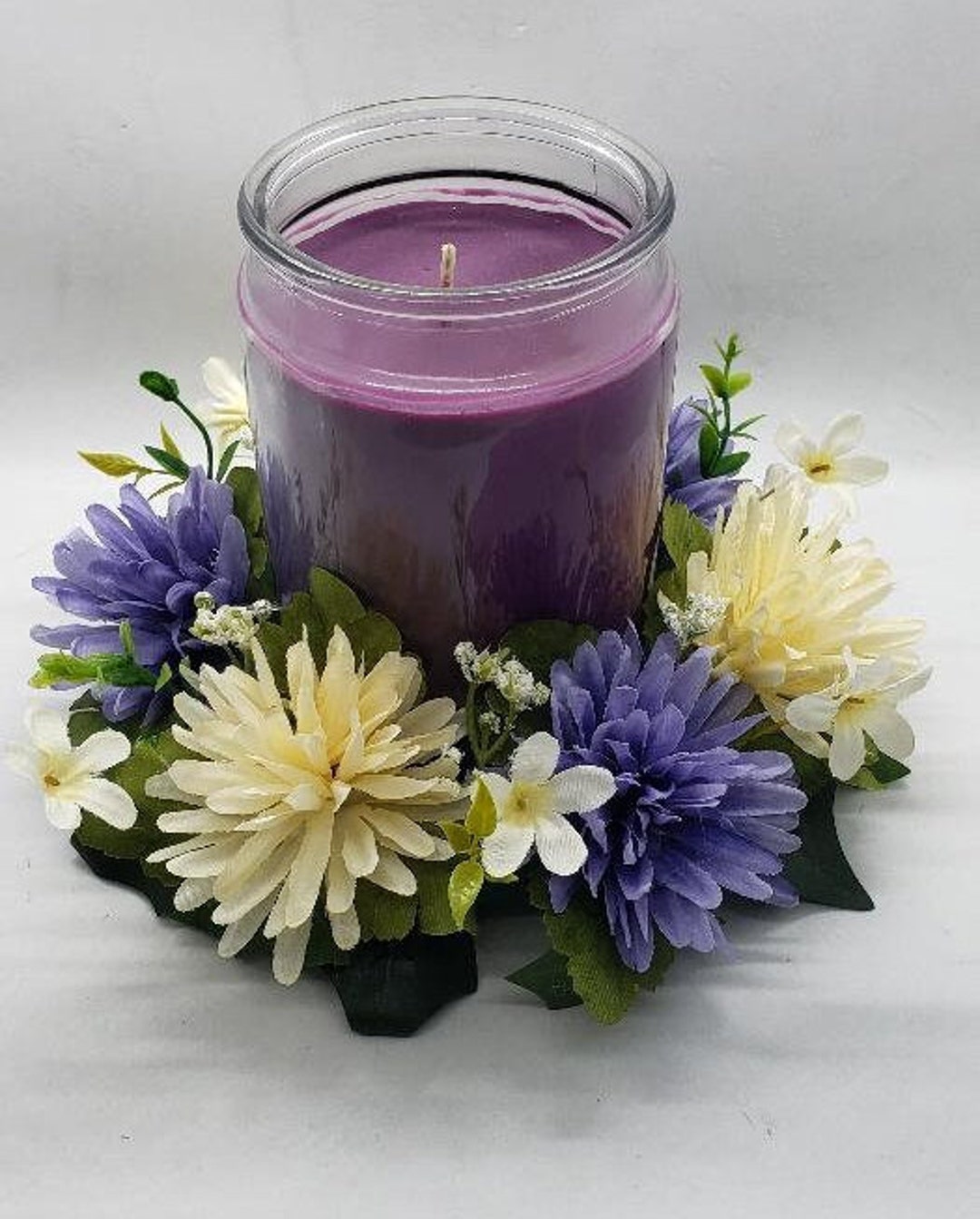 Candle Ring Floral Centerpiece With Purple and Ivory Theme. Candle Base ...
