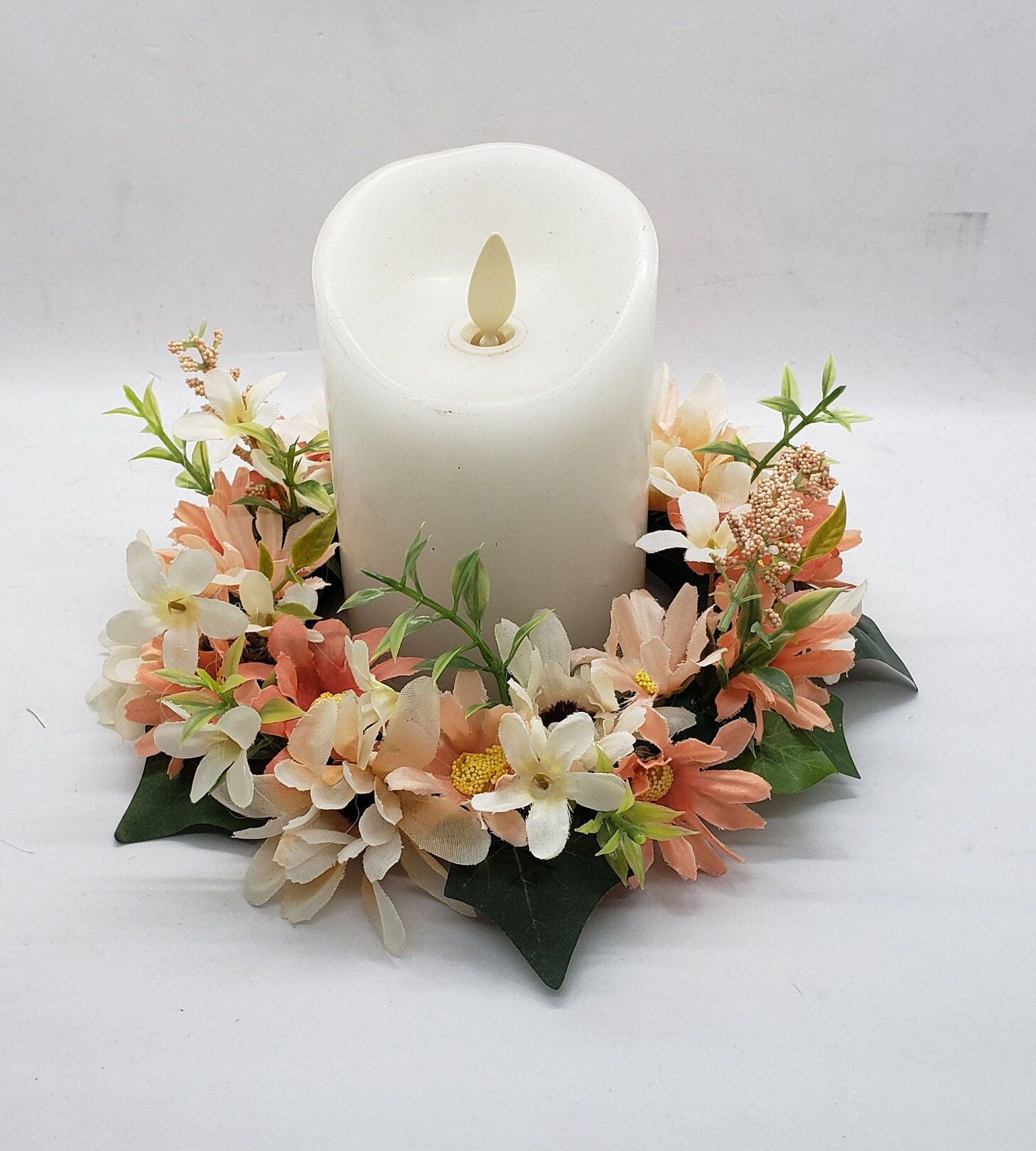Candle Ring Floral Centerpiece Peach and White Daisy Candle Ring or ...