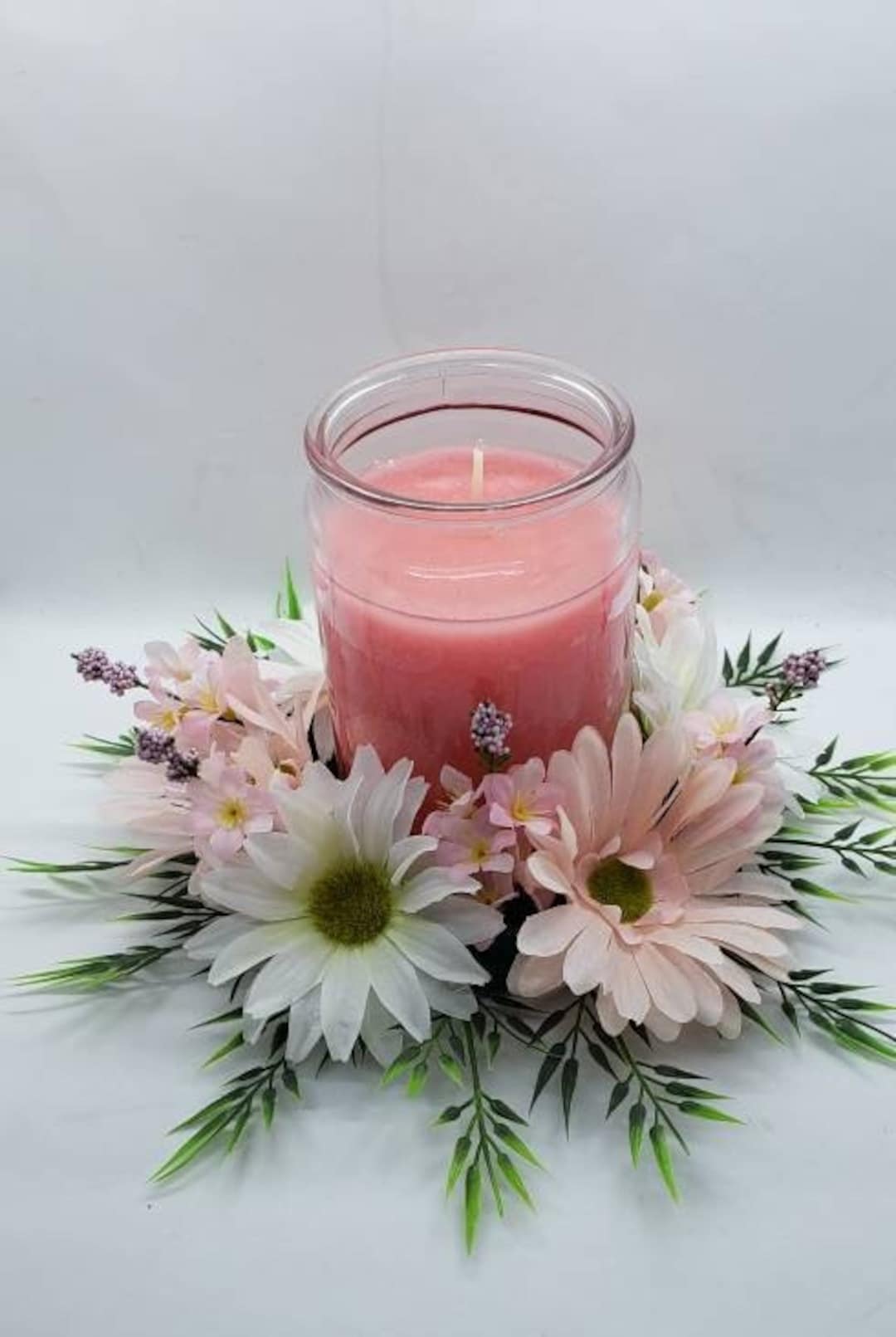 Candle Ring Floral Centerpiece Pastel Pink and White Daisies Home Party ...