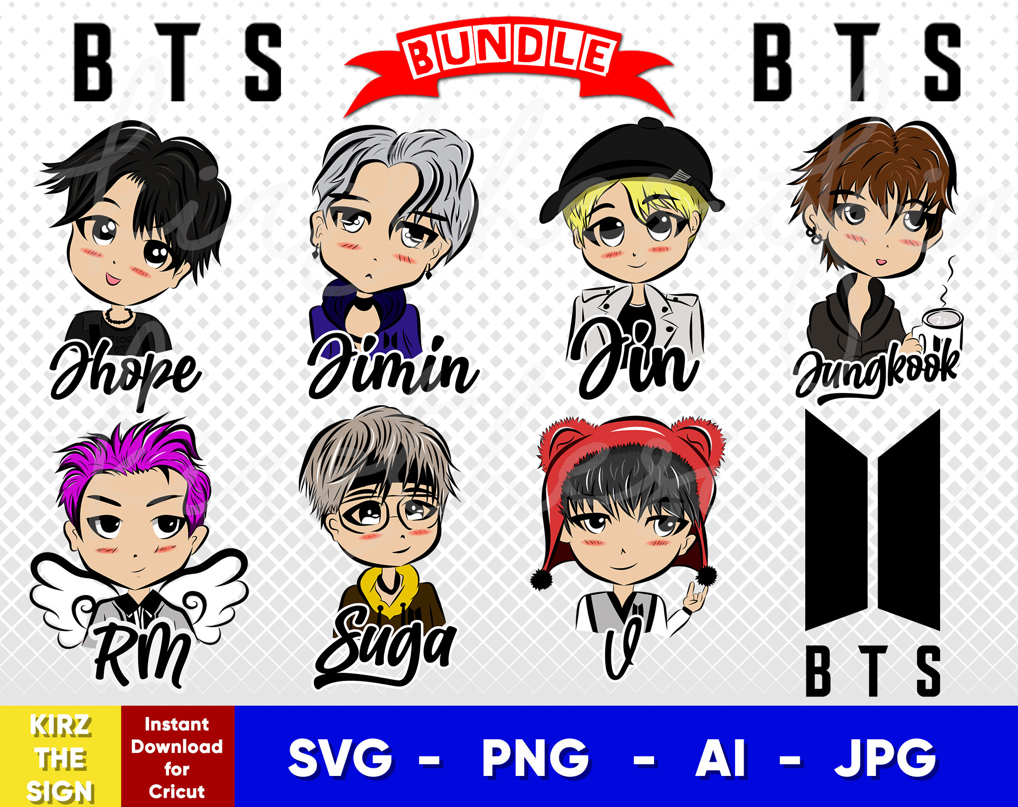 BTS Chibi Vector, Stencil / Svg, Png, Ai / Digital Download plantilla ...