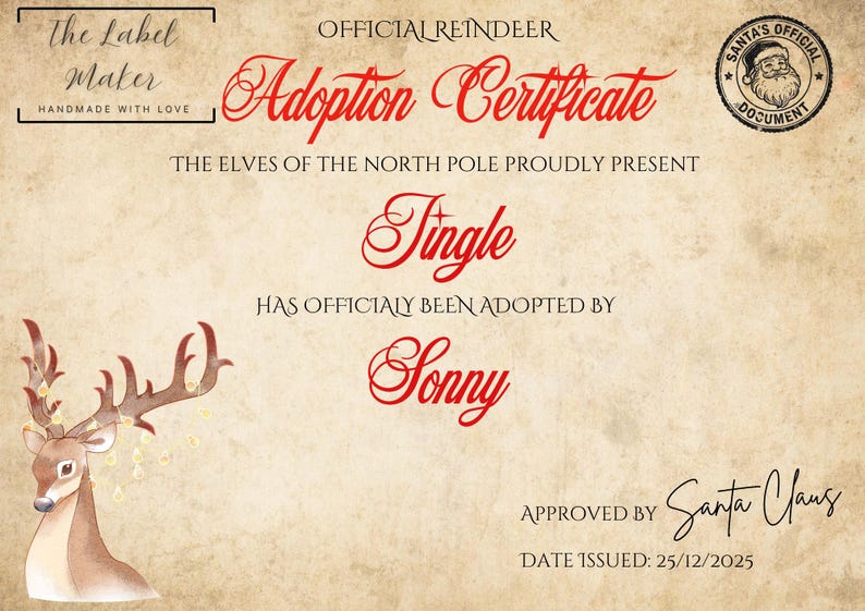 Reindeer Themed Adoption Certificate - Etsy Canada