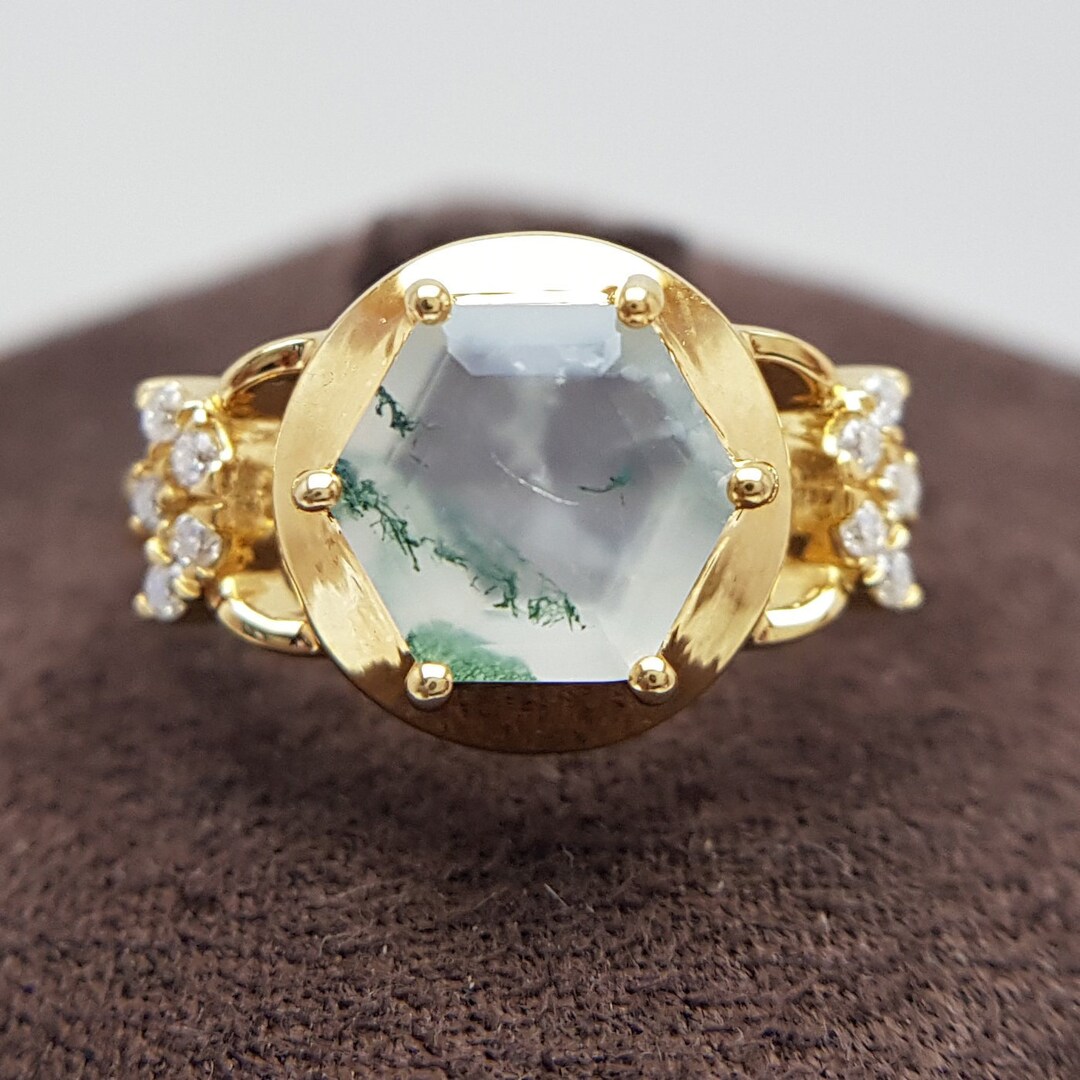 Misty Forests Hexa Gemstone Ring | Special Moss Agate Gold Ring | Rare ...