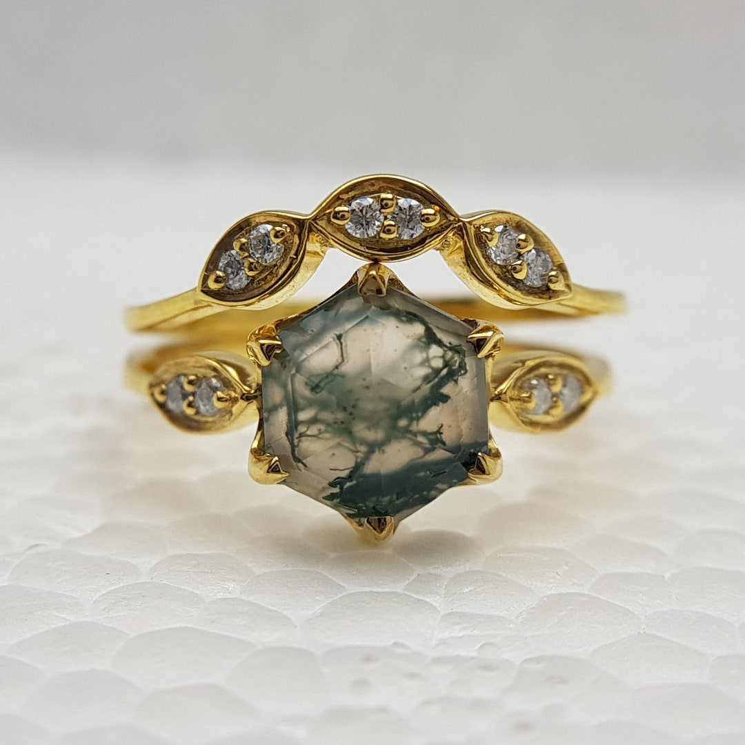 Hexagon Natural Moss Agate Engagement Ring Set | Diamond Stacking ...