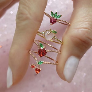 Cute Colorful Zircon Fruit Ring, Cherry Peach Orange Lemon Apple Grape ...