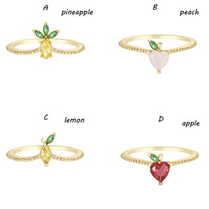 Cute Colorful Zircon Fruit Ring, Cherry Peach Orange Lemon Apple Grape ...
